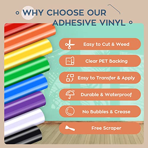 HTVRONT Permanent Vinyl for Cricut, 12" x 5ft Permanent Adhesive Vinyl Rolls, 8 Colors Adhesive Vinyl Rolls for Cricut, Silhouette, Cameo Cutters, Signs, Scrapbooking, Craft, Die Cutters