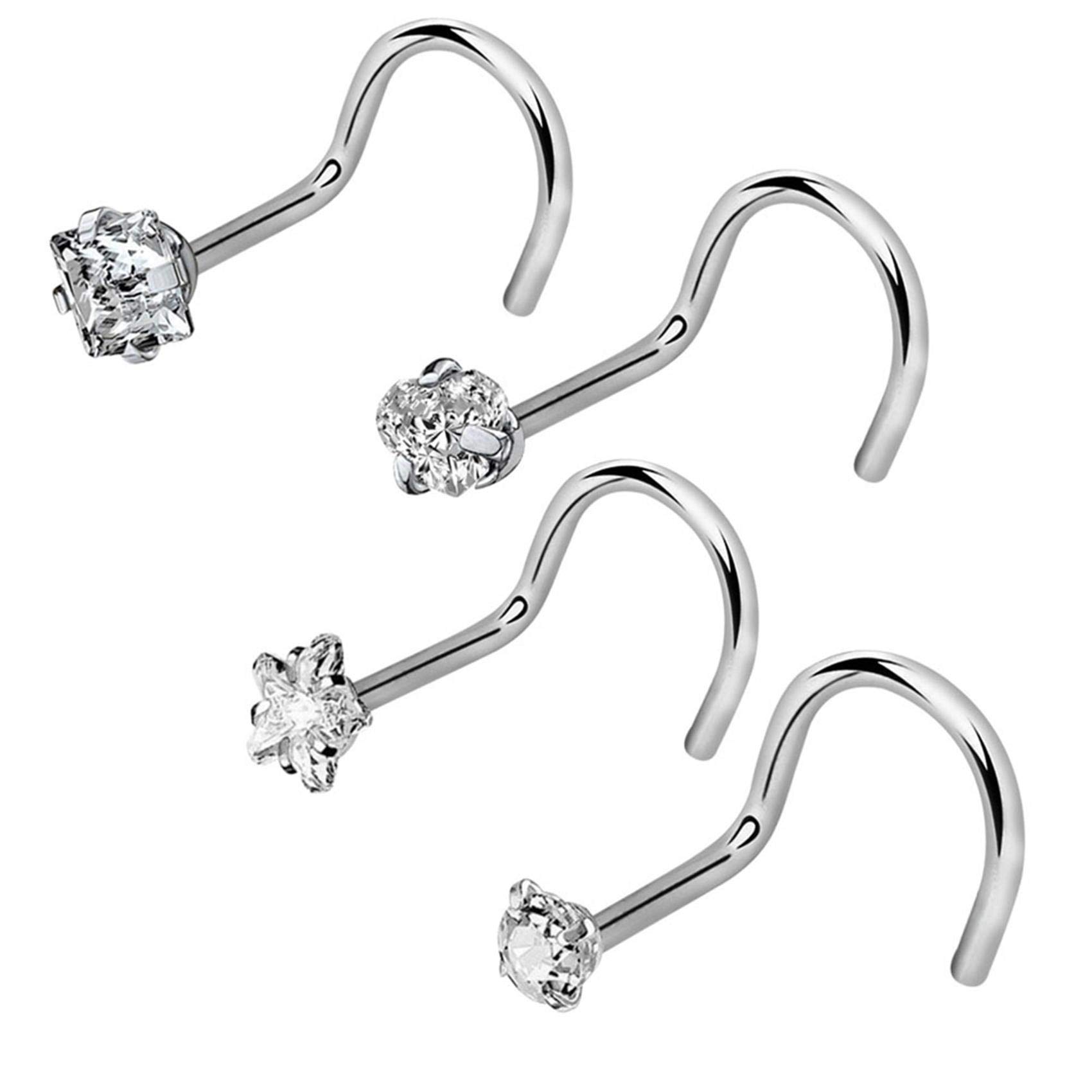 Journey Studio Nose Screw Studs Rings Set Simulated Crystal Cubic Zirconia Piercing Twist Screw Nose Ring for Women, Silver