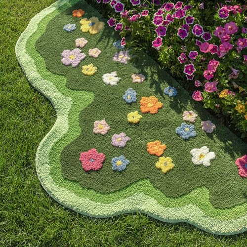 YYINYXY Moss Carpet for Bedroom 3D Irregular Green Aesthetic Bed Rug Living Room Cute Floral Sofa Rug Microfiber Fleece Carpet Home Decor (24x47 Inches)
