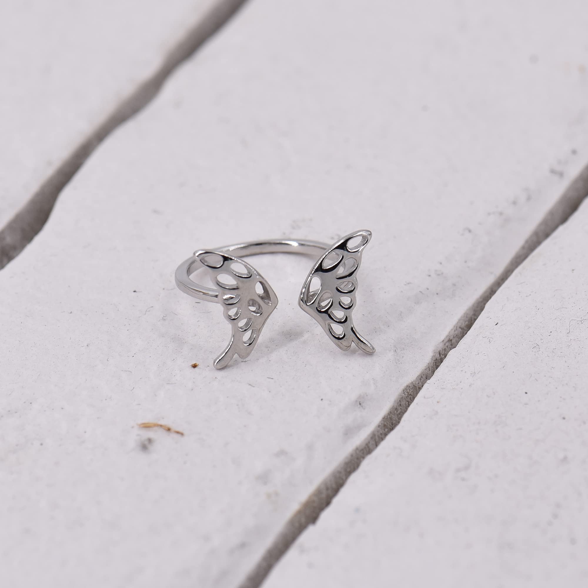 LEMON GRASS Open Butterfly Band Ring in Sterling Silver | Women's Adjustable Cutout Butterfly Ring | Gold Statement Stackable Minimalist Ring for Sister Gift