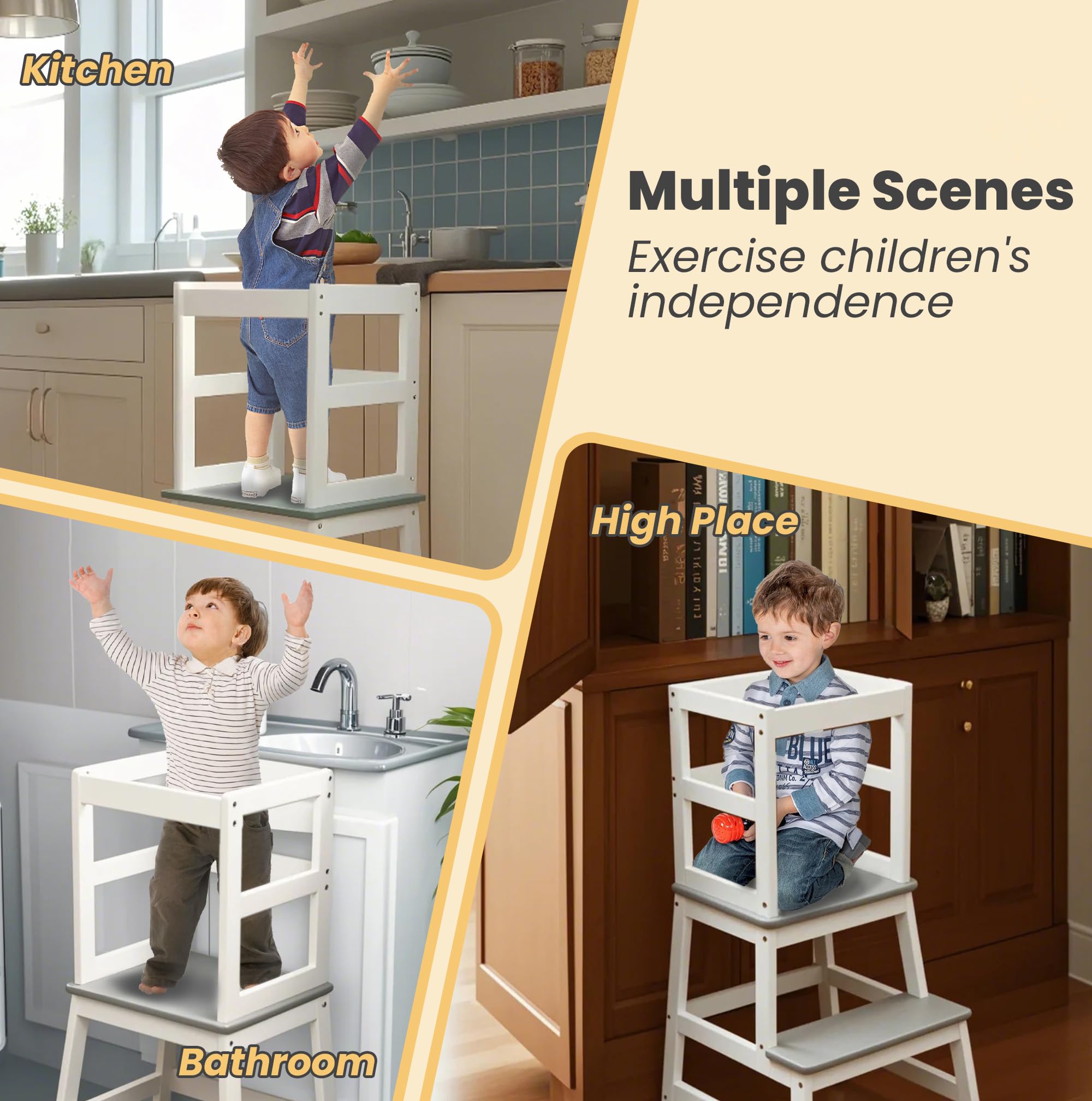 Saihony Standing Tower for Toddler, Kids Kitchen Step Stool Toddler Standing Tower Helper for Kitchen Counter and Bathroom Sink, Wooden Kids Montessori Learning Standing Stool with Safety Rail White