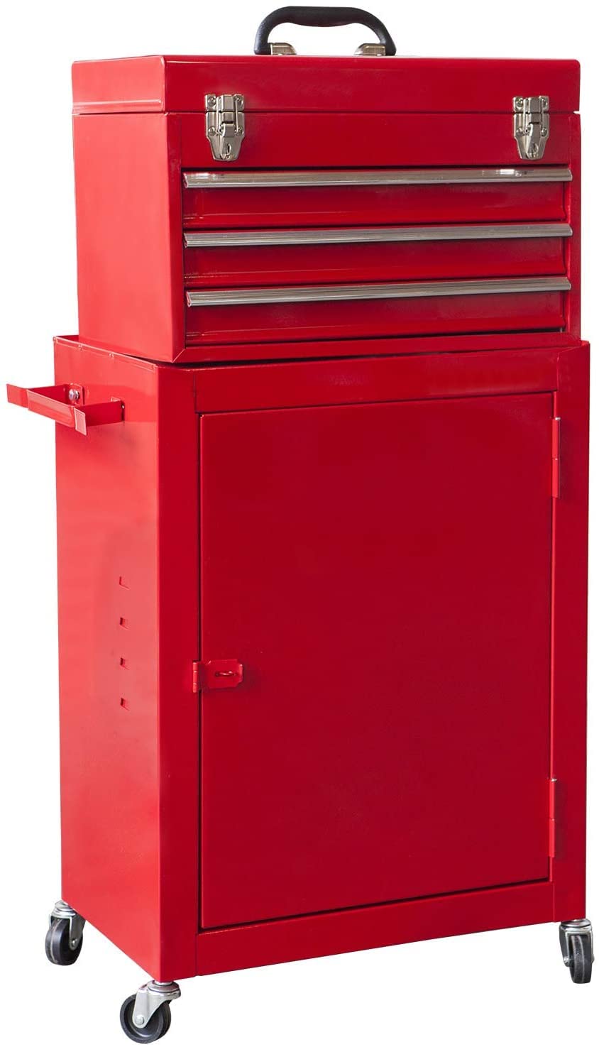 HPDMC Rolling Garage Workshop Tool Organizer - Detachable 3 Drawer Tool Chest with Large Storage Cabinet and Adjustable Shelf, Red