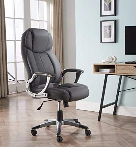 JJS High Back Swivel Executive Office Chair, Ergonomic Adjustable Home Computer Padded Leather Desk Chair with Wheels and arms Rest Back Lumbar Support, Gray