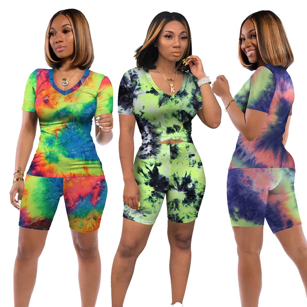 JNINTH Two Piece Tie Dye Outfits Casual V Neck Women Tracksuits Shorts Sets (Bright Green, s)