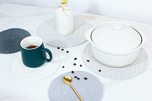 X Large 10 Inches Potholders Set 5 Pcs Trivets Set 100% Cotton Hand Woven Round Place Mats for Kitchen Absorbent, Insulated, Scratch Free Table Protection 2 Pcs 10" and 3 Pcs 7"