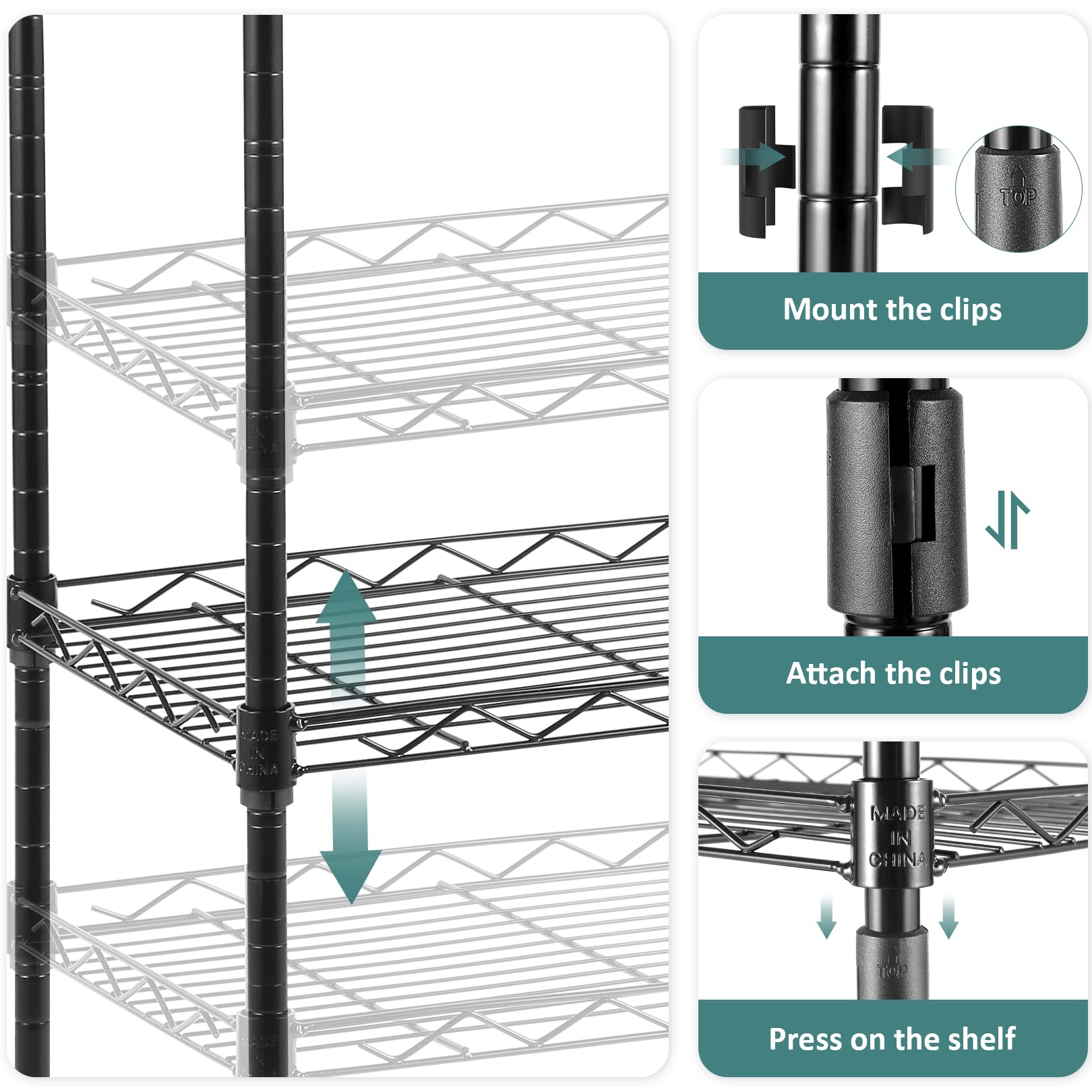 Homdox 6-Tier Wire Storage Rack with Wheels, Skinny Shelf for Small Spaces, Metal Shelves for Storage with Side Hooks, for Pantry Organization, Bathroom, Kitchen, Black
