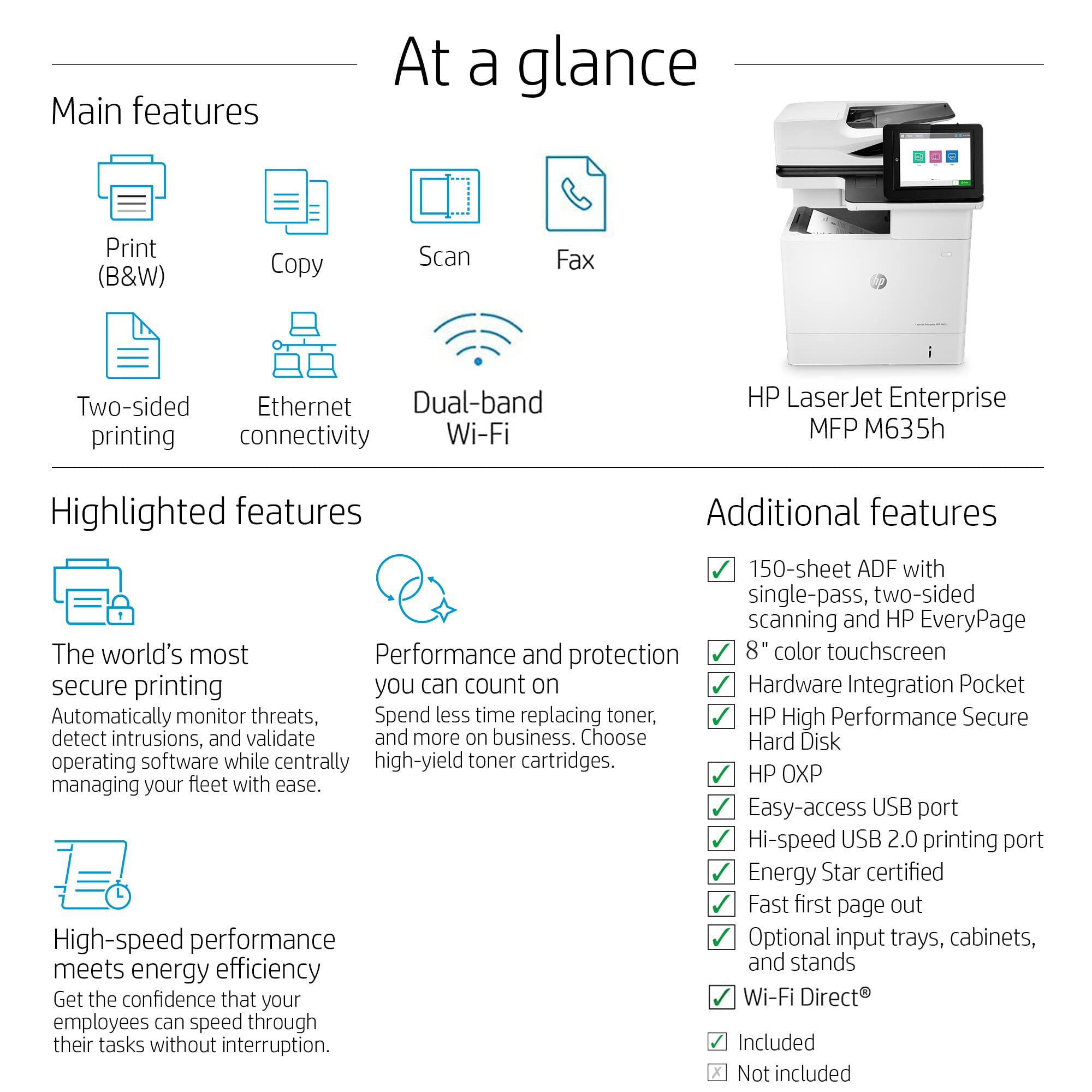 HP LaserJet Enterprise MFP M635h All-In-One Wireless Monochrome Laser Printer - Print Scan Copy Fax - 65 ppm, 1200 dpi, 8" Display, Auto Duplex Printing, 150-sheet ADF, Ethernet, Cbmou External Webcam