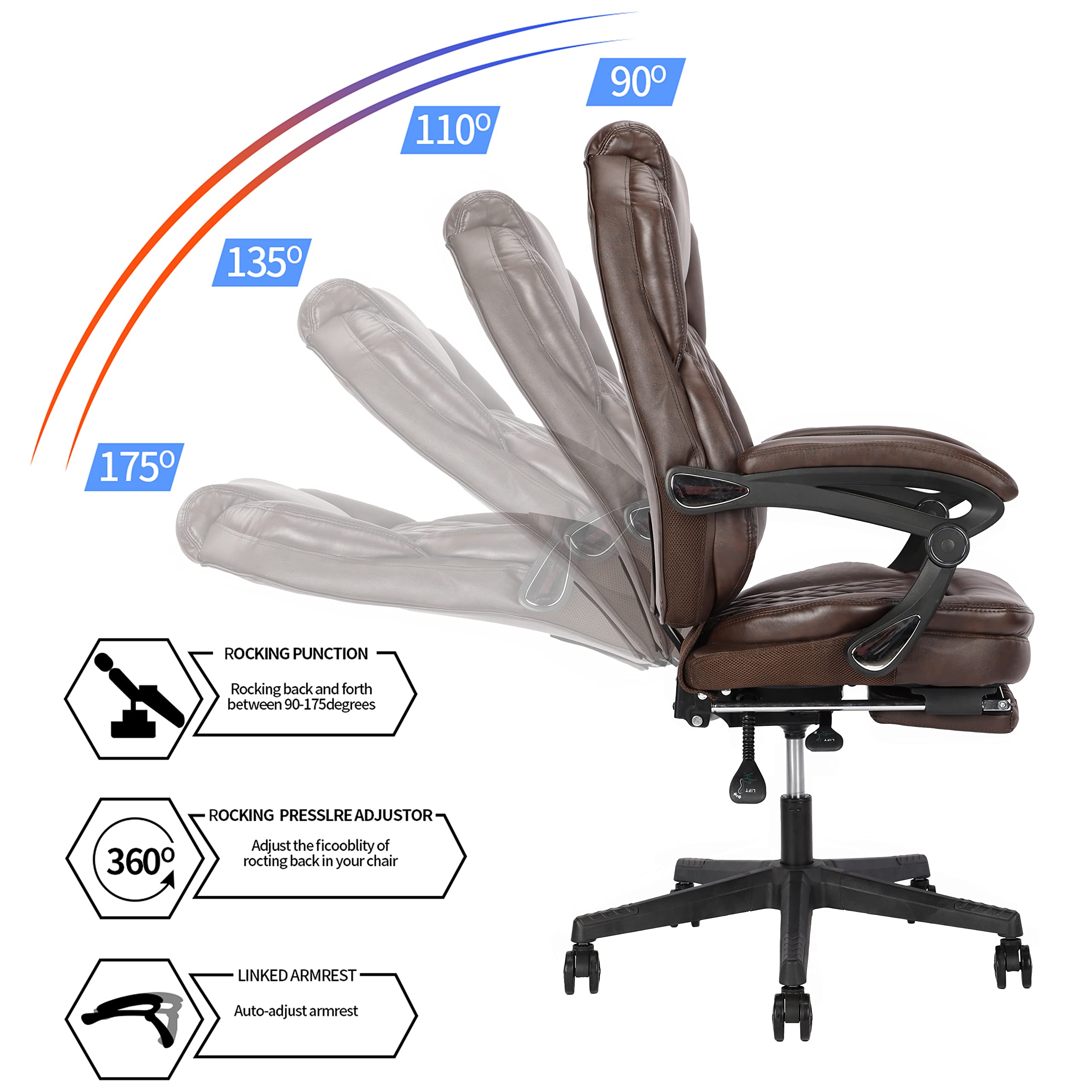 Kasorix Executive Office Chair with Auto Linked Armrests Home Office Chair Brown Big and Tall Office Chair Rolling Swivel PU Leather Chair 400 Pound