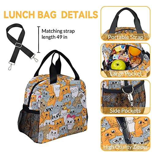 XaocNyx Cat Backpack with Lunch Box and Pencil Case Set, 3 in 1 Matching Girls Boys Colorful Backpacks Combo, Cute Bookbag and Pencil Case Bundle