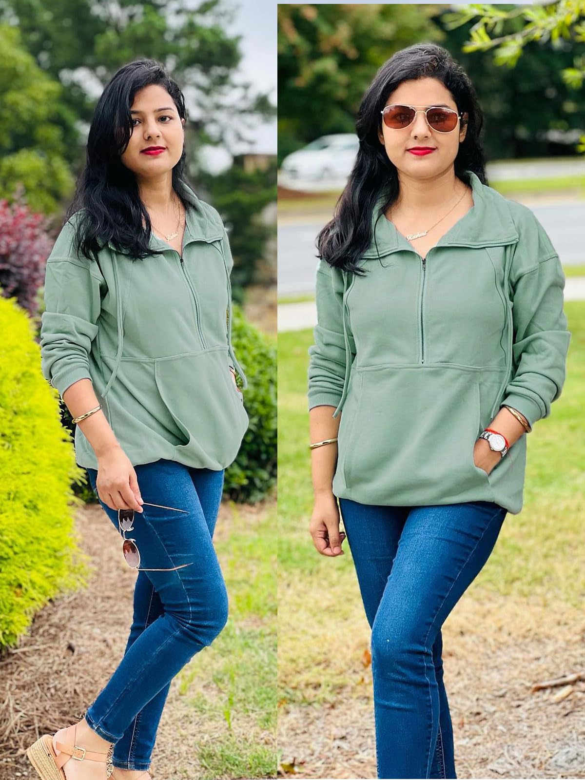Ladmous Women's Casual Pockets Zip Up Pullover Tops Drop Shoulder Sweatshirts Loose Fit Green XL