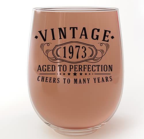 Vintage 1973 Printed 17oz Stemless Wine Glass – Happy 50th Birthday Gifts Women Men, Cheers to 50 Years, Turning 50 Year Old Woman Decorations Decor, Anniversary Bday Party Favors, Best Gift Ideas Her