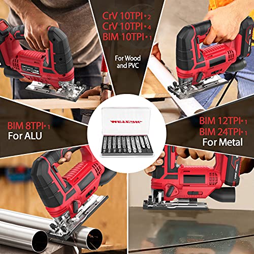 Jigsaw, 20V Cordless Jig Saw for Woodworking with LED, 4 Orbital, Variable Speed, ±45°Bevel Angle, 10PCS Blades, Scale Ruler, Tool-free Blade Changing, Battery & Carrying Bag & Fast Charger Included