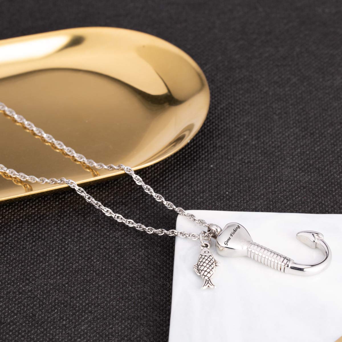 Gredstar Gone Fishing Urn Necklace for ashes Fish hook Cremation Urn Pendant Fishing in heaven Keepsake Jewelry (SILVER)