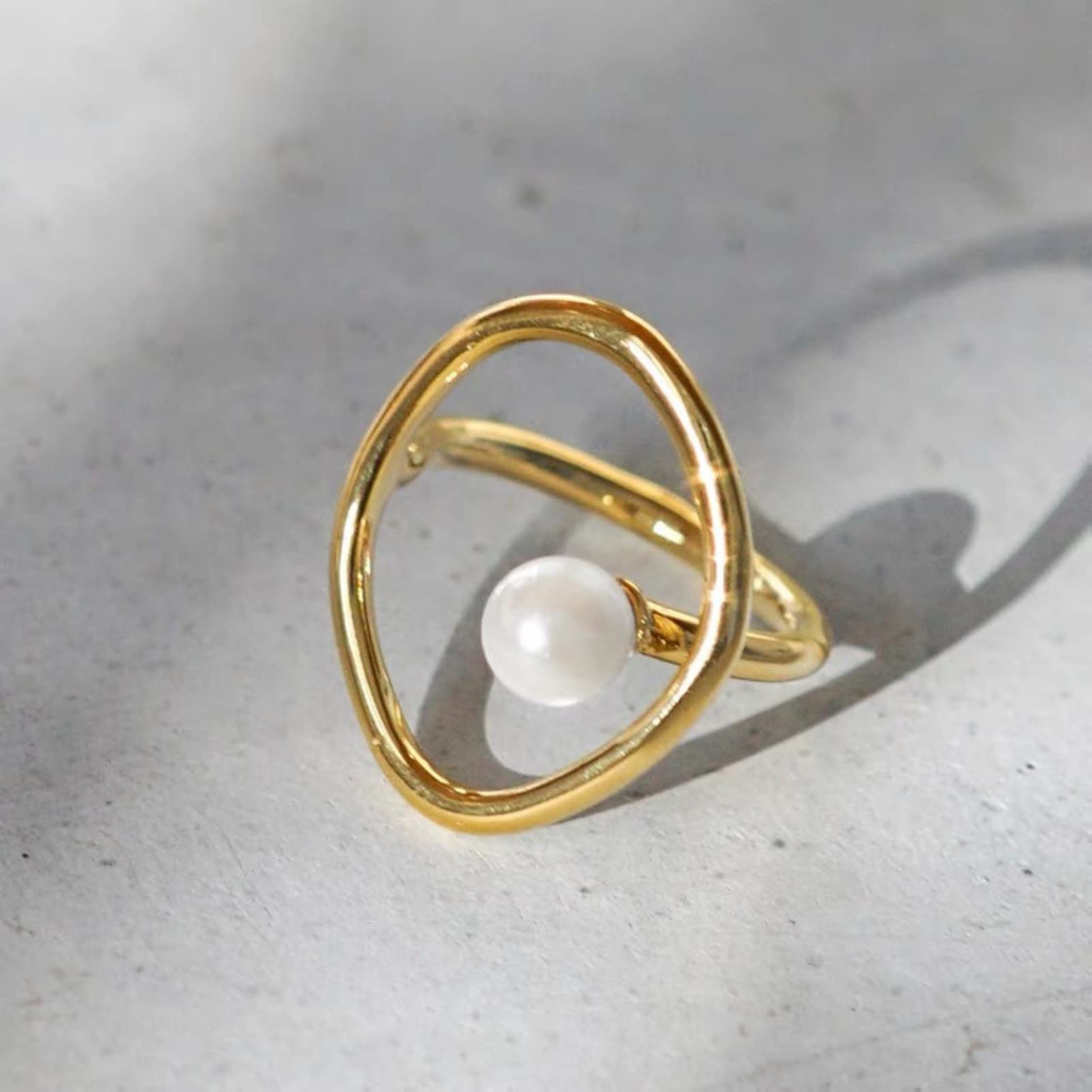 Moonstan Pearl Rings For Women 18K Gold Plated Adjustable Simple Elegant For Girls Gift