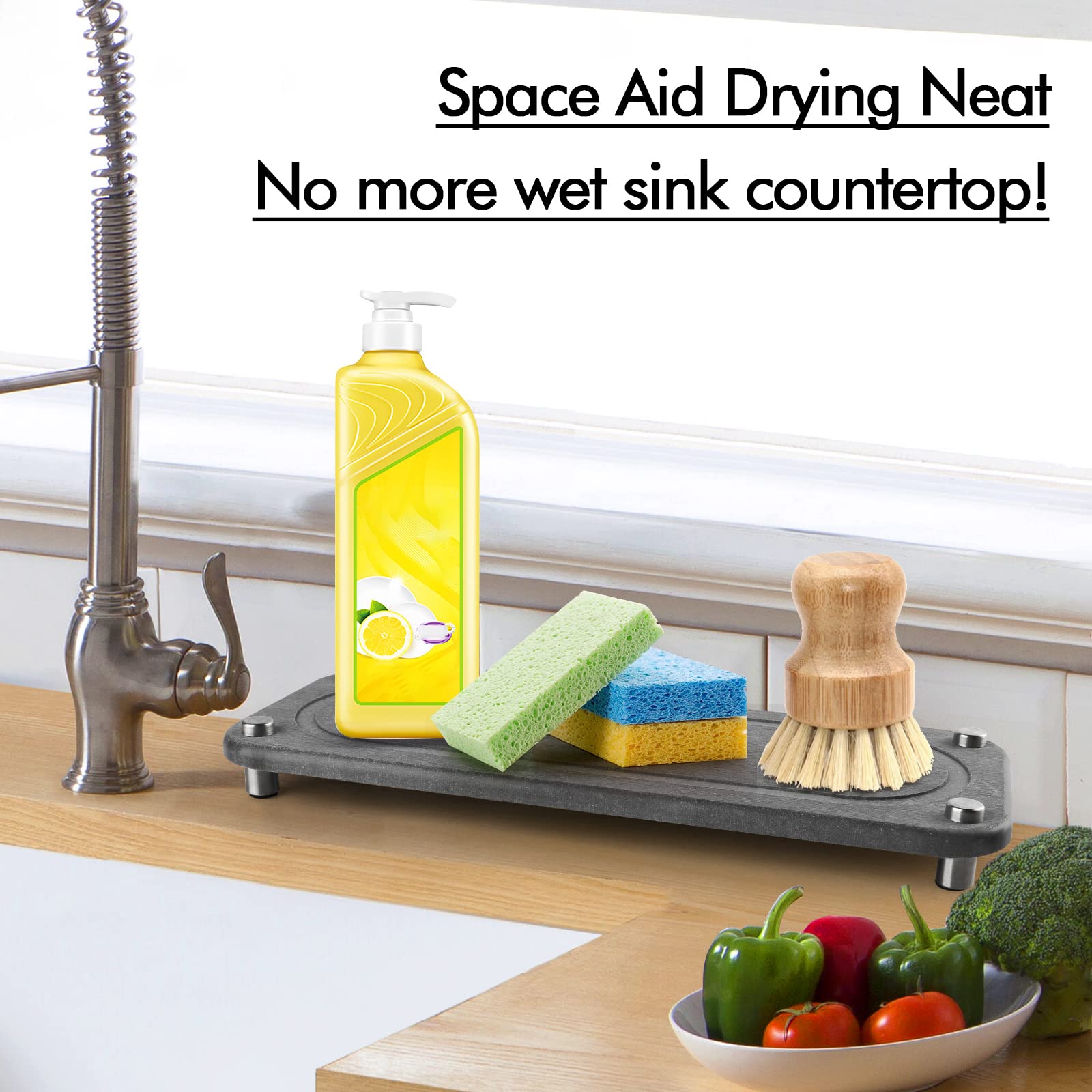INFTYLE Sink Caddy, Instant Dry Sink Organizer, Sponge Soap Holder Dispenser, Kitchen Countertop Fast Drying Counter Tray Rack, Sink Diatomaceous Pedestal Stand Riser with Stainless Steel Feet