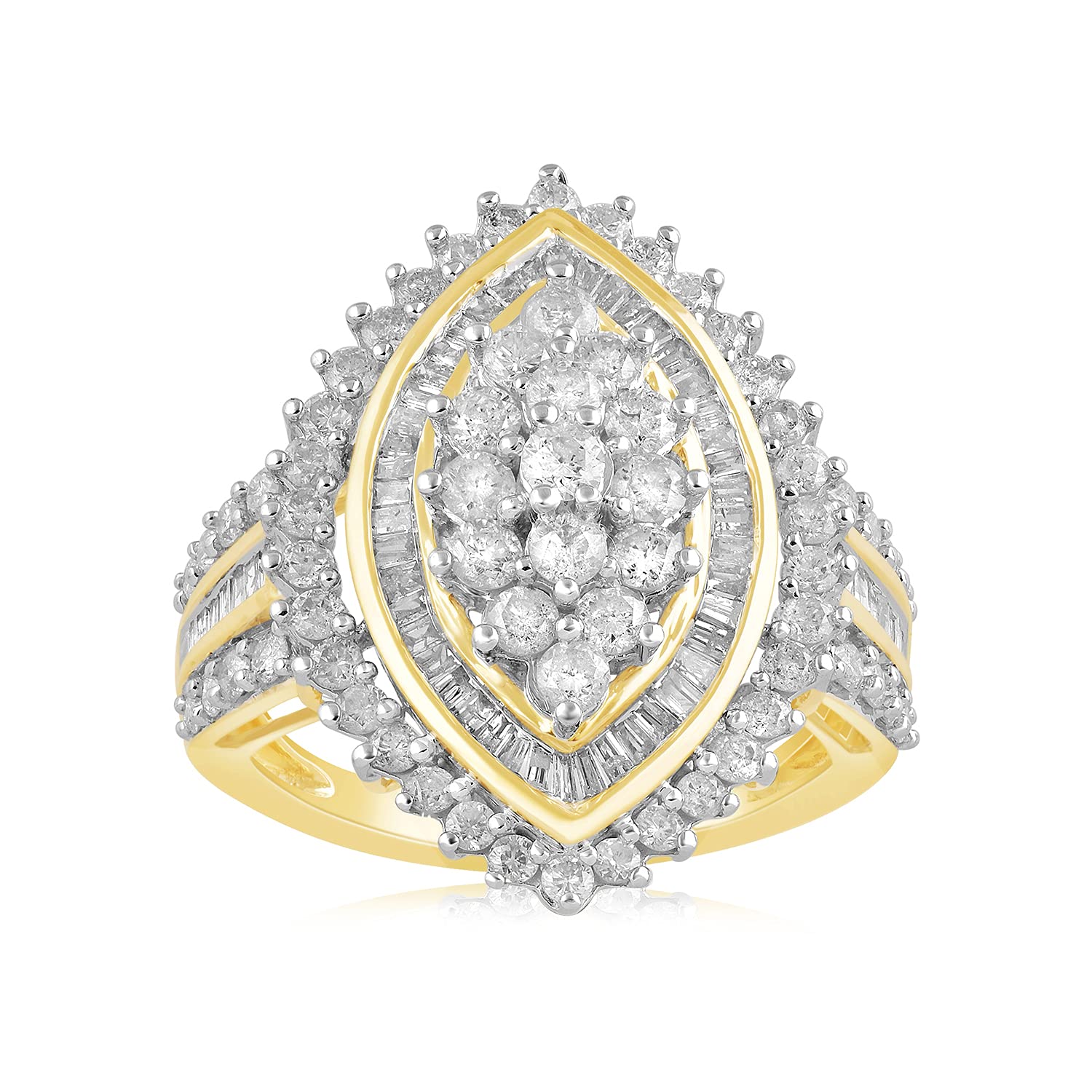 Jewelili Ring with Natural White Baguette and Round Diamonds 2 Cttw in 10K Yellow Gold Size 9