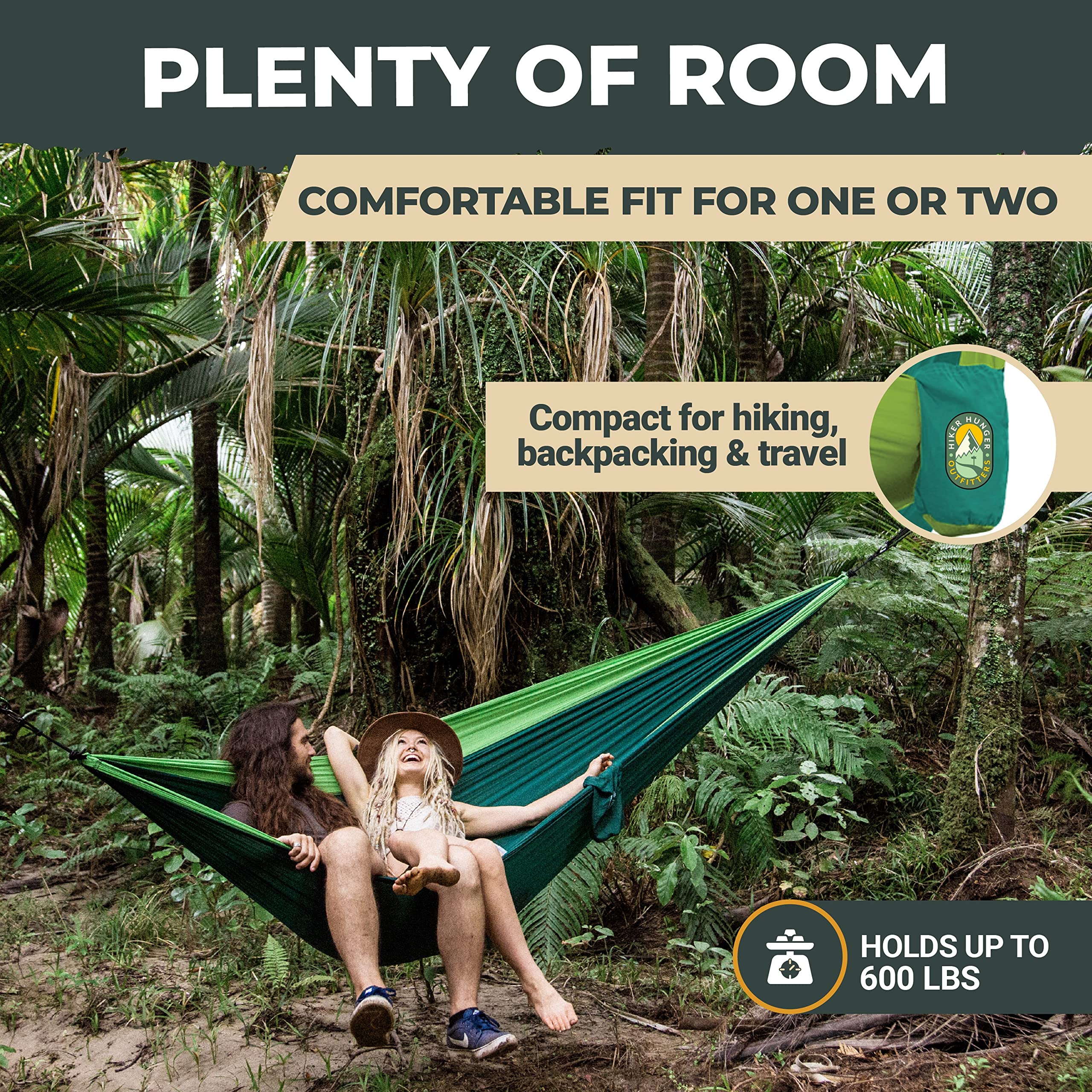 Hiker Hunger, 2 Person Hammock, Camping Hammock, Portable Hammock, Travel Hammock, Double Hammock w/Tree Straps & Carabiners, Perfect Kids Hammock