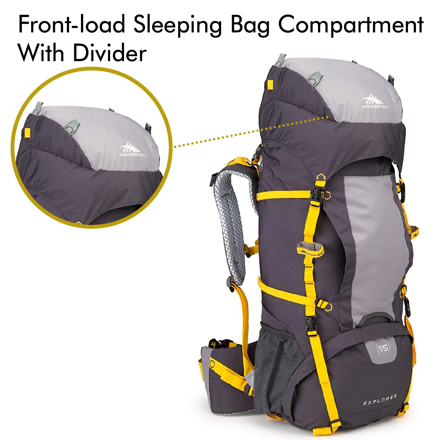 High Sierra Explorer Top Load Internal Frame Hiking Pack, Mercury/Ash/Yell-O, 55L / 30-Inch