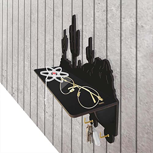 The Geeky Days Cliffs Cactus Key Holder for Wall, Desert Plant Wooden Wall Mounted Hat Coat Rack with Mail Medal Organizer Shelf, 5 Metal Hooks Hanger, for Closet Door Hanging Rustic Home Decor