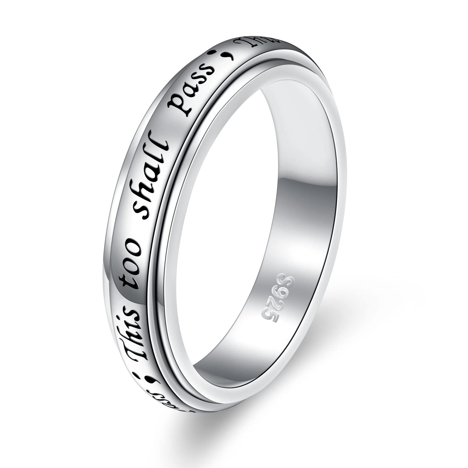 Ladytree Semicolon Anxiety Relieve Spinner Rings Sterling Silver This Too Shall Pass Fidget Ring ADHD Stress Relieving Ring Size 7