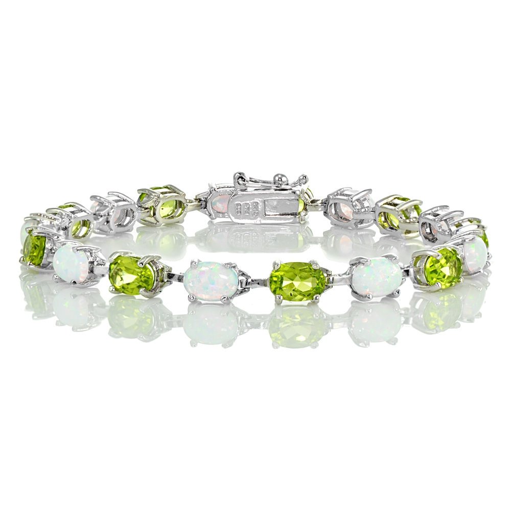 Ice Gems Sterlilng Silver Peridot and Created White Opal 7x5mm Oval-Cut Tennis Bracelet