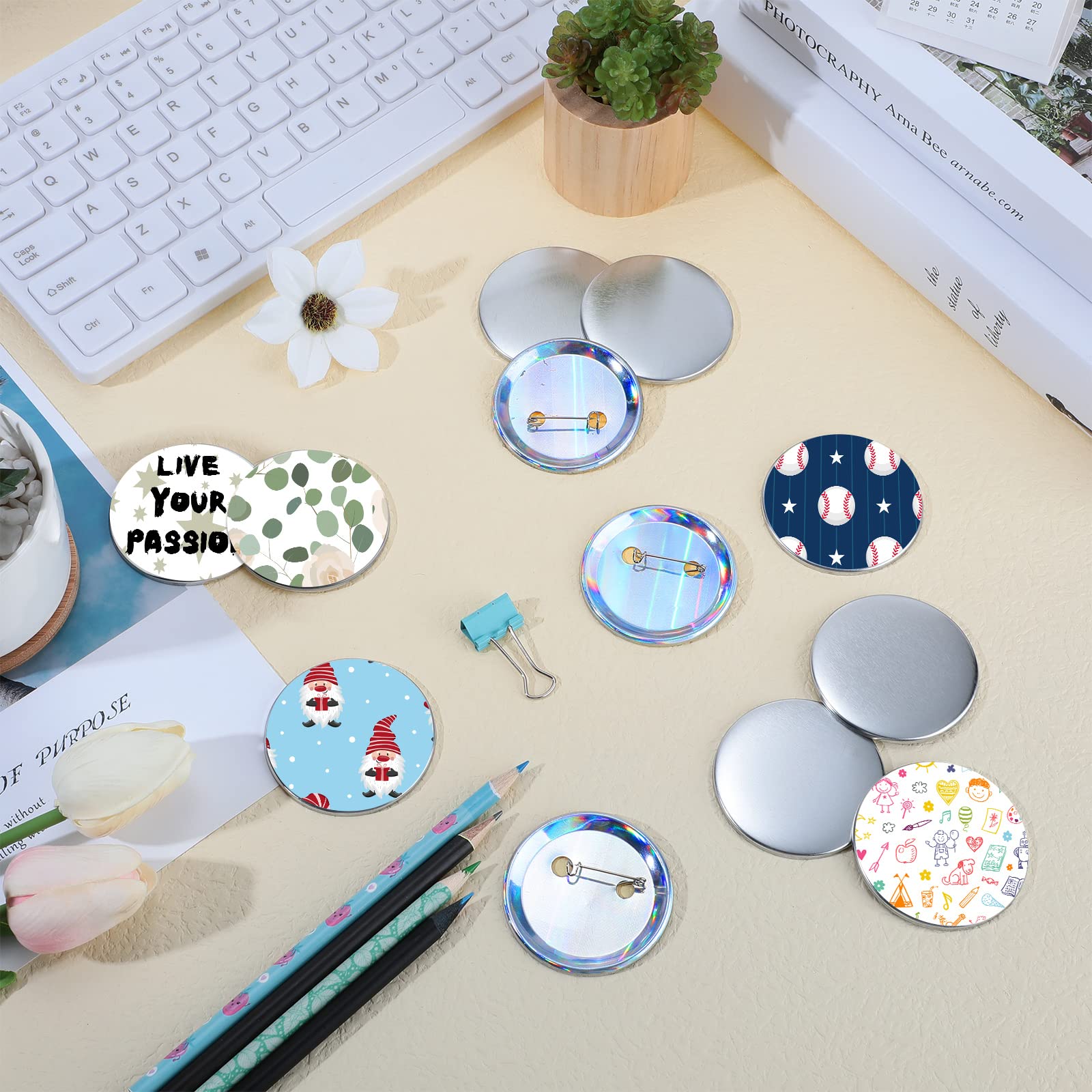 Hicarer 300 Pieces Blank Button Making Supplies Round Badge Button Parts Metal Button Pin Badge Kit for Button Maker Machine, Including Metal Shells Back Cover and Clear Film (2.28 Inch)