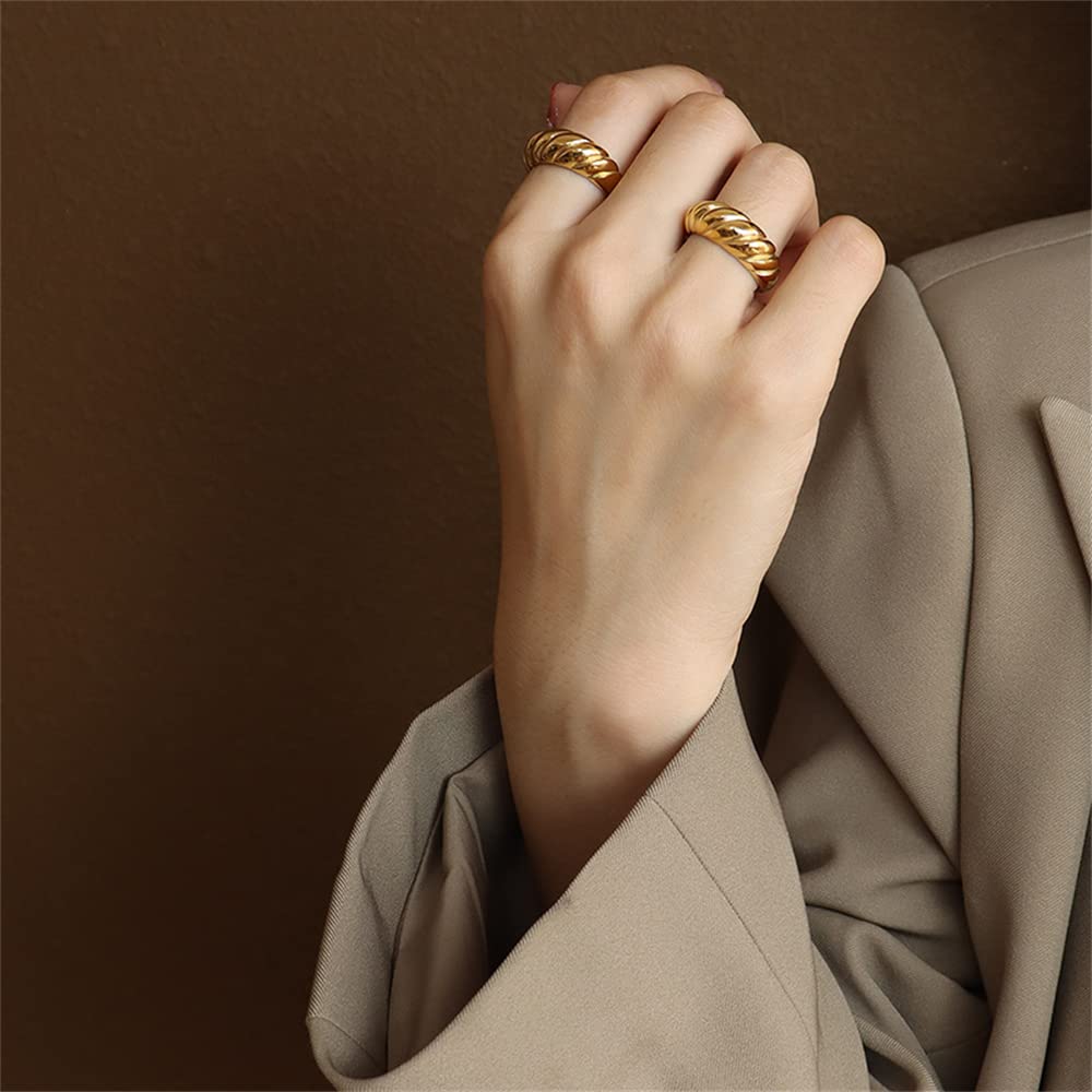 JILIYUPA 14K Gold Plated Croissant Dome Ring Twisted Braided Gold Plated Ring | Chunky Signet Ring, Signet Chunky Dome Ring Stacking Band for Women (Gold, 8)
