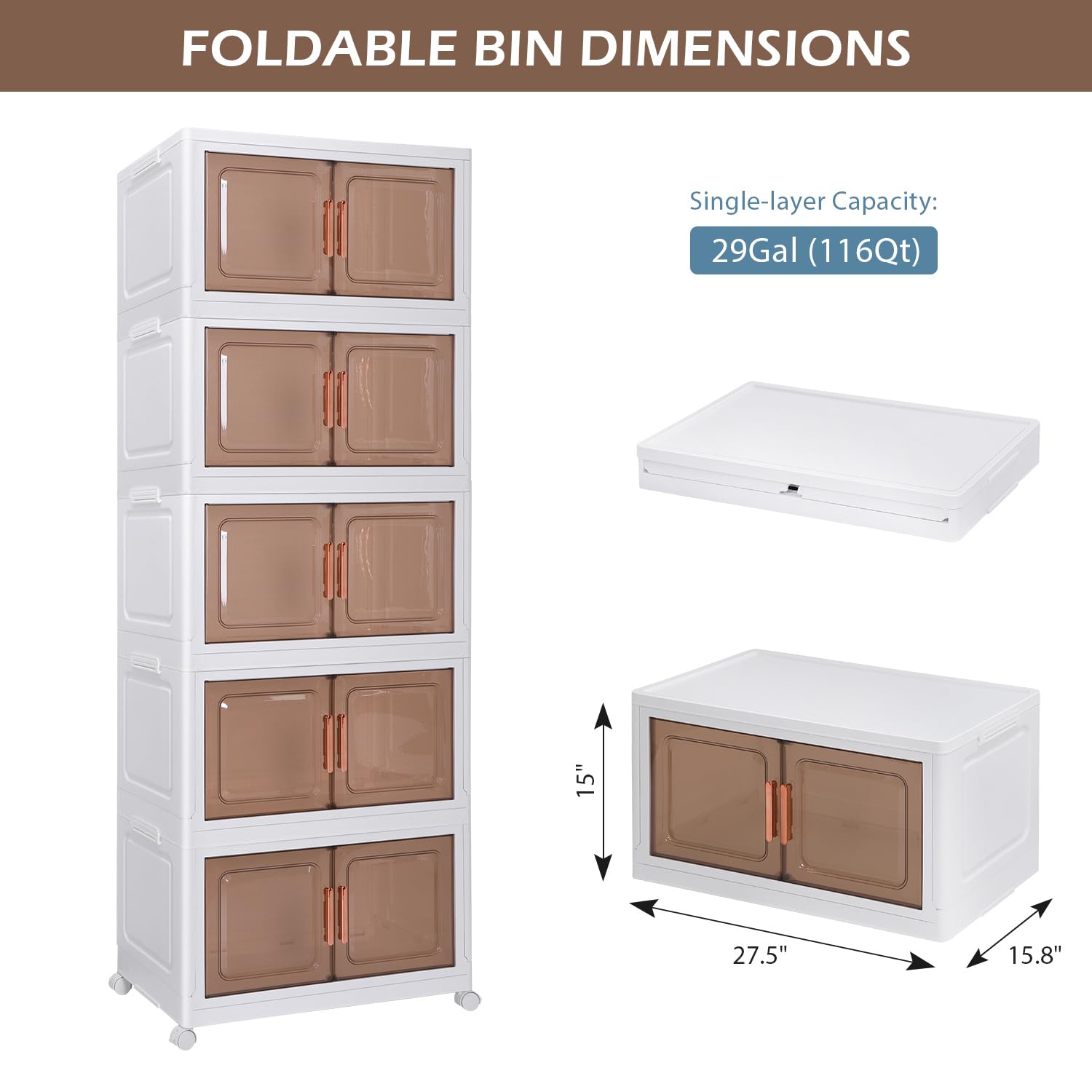 SALLOUS 5-Tier Stackble Storage Bins with Lid, 145Gal Collapsible Storage Bins with Wheels, Plastic Folding Storage Boxes, Closet Organizers for Living Room Home Office (White)