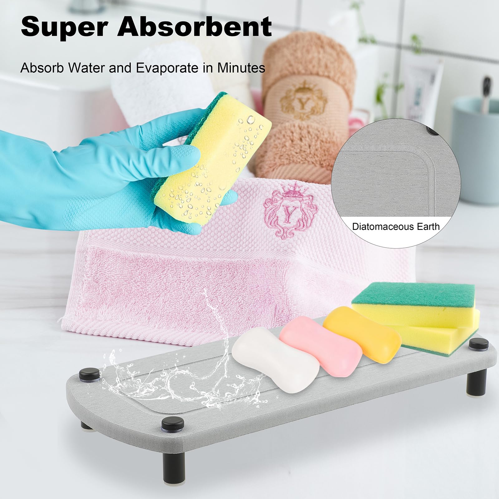 Joylifeboard Instant Dry Sink Organizer, Water Absorbing Stone Sink Tray,Diatomaceous Earth Fast Drying Stone Sink Caddy, Bathroom Counter Dry Stone Tray for Soap Sponge Cup
