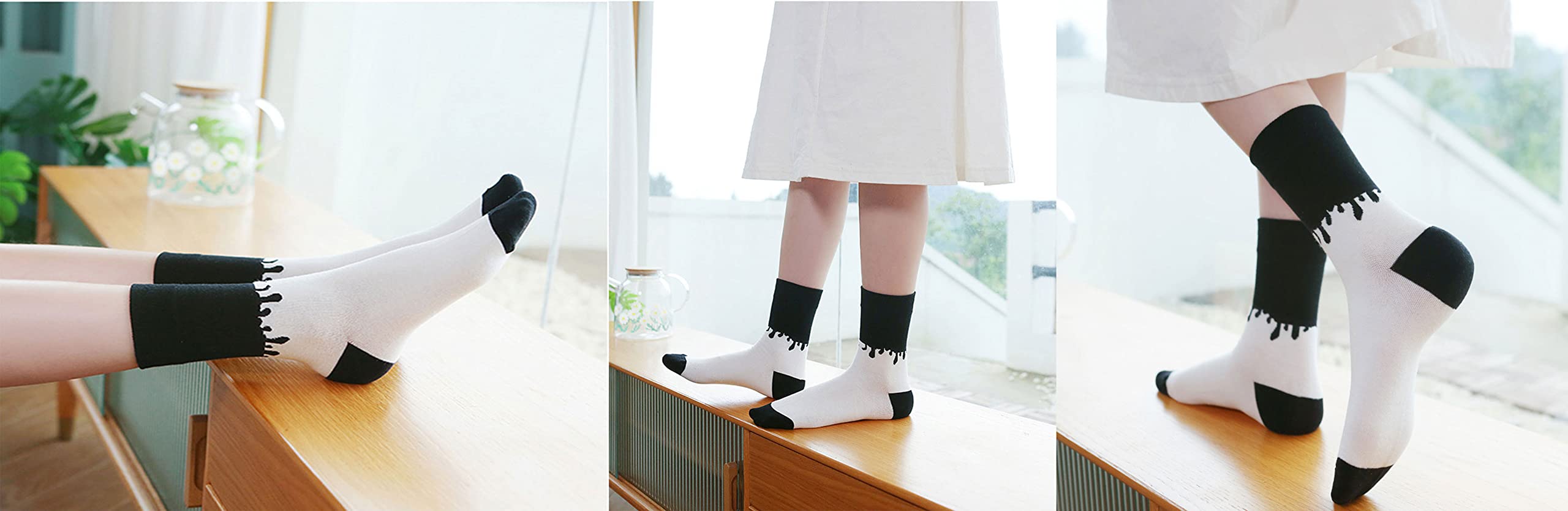 Joylife Cow Pattern Crew Socks Novelty Black White Quartz Socks Striped Checkered Dress Socks for Women, Lady, Girls, 7 Pack