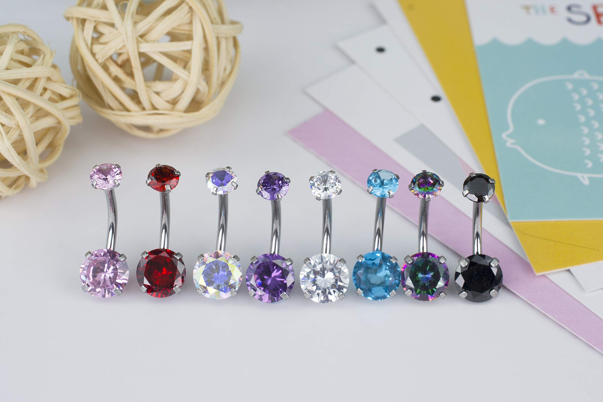 HQLA 14G Belly Button Rings Surgical Stainless Steel Round Cubic Zirconia Navel Barbell Stud Body Piercing (Clear)