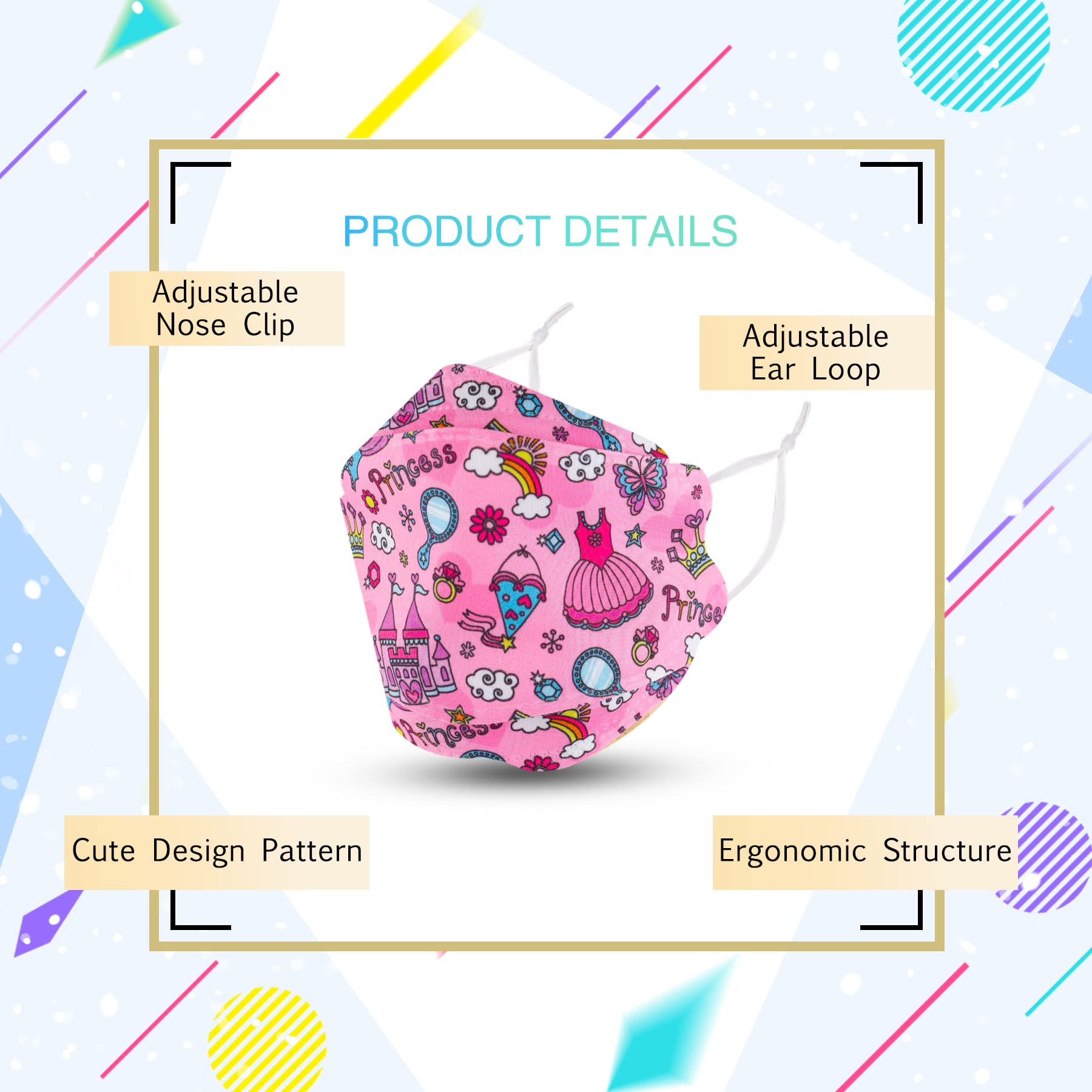 Kids Washable Face Masks With Adjustable Ear Loops, 4D Cute Designer Mask for Kid (princess)