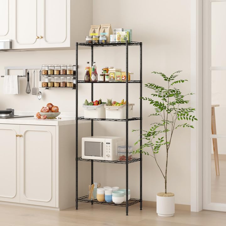 JEROAL 5 Tier Wire Shelving Unit Adjustable Height Storage Shelf Display Rack with 4 S-Shaped Hooks Standing H eavy Duty Metal Shelving for Laundry Bathroom Kitchen (Black)