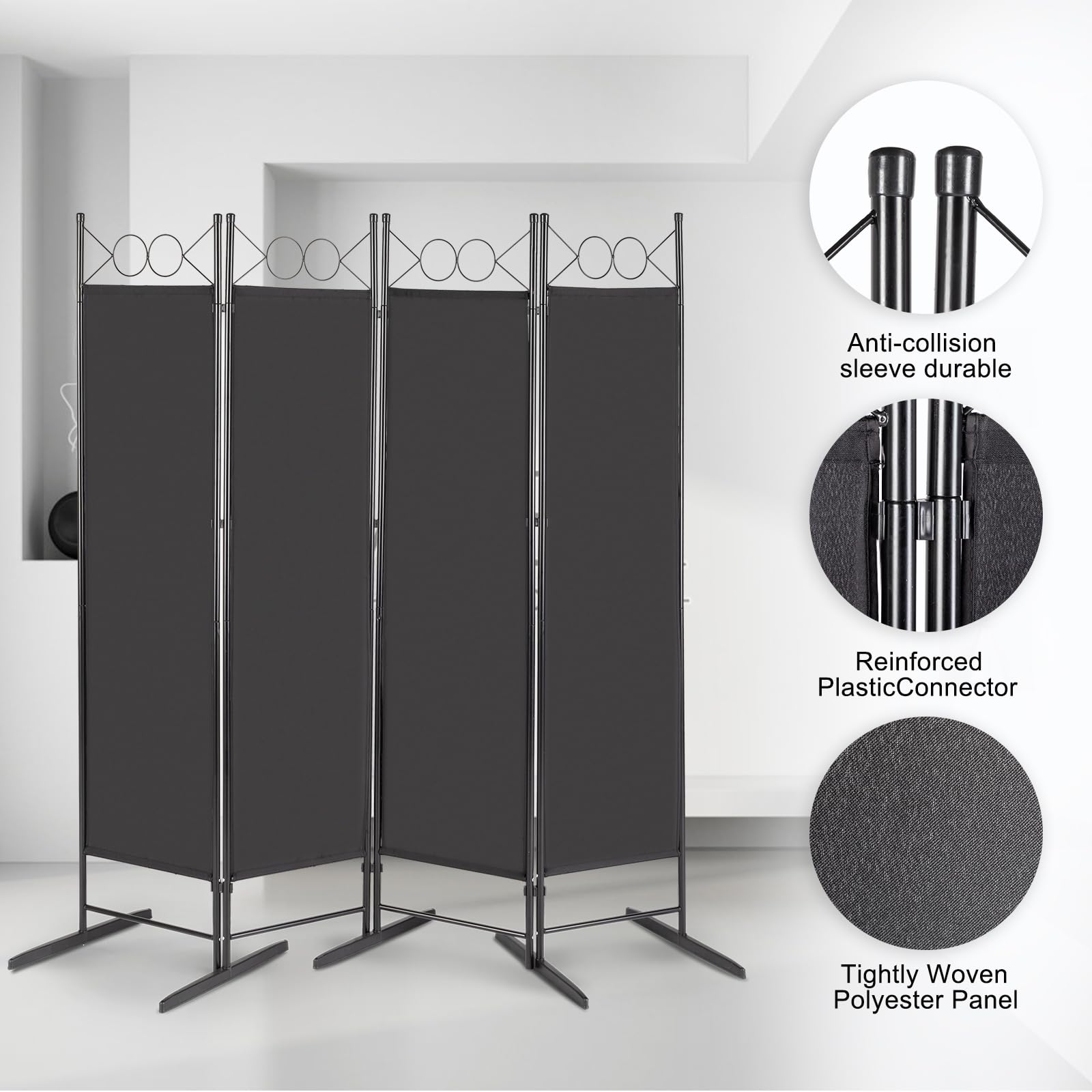 Indoor Room Divider,5.74 Ft Folding Privacy Screens with 17" Support Feet for Bedroom,Dining Room Office (4 Panel, Black)