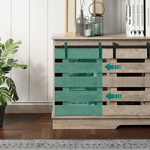 YITAHOME Bar Cabinet, 60β Farmhouse Sliding Barn Door Cabinet Sideboard Buffet Cabinet with Capacity 300 lbs for Home Kitchen Dinning Living Room, Grey Wash