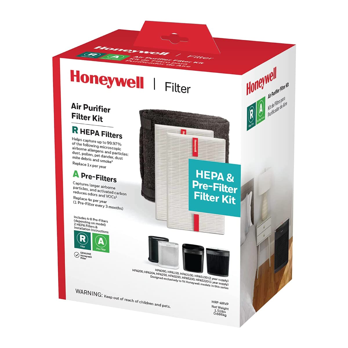 Honeywell HEPA Air Purifier Filter Value Kit â Includes 2 R HEPA Filters and 1 A Pre-Filter Roll with Cutting Template