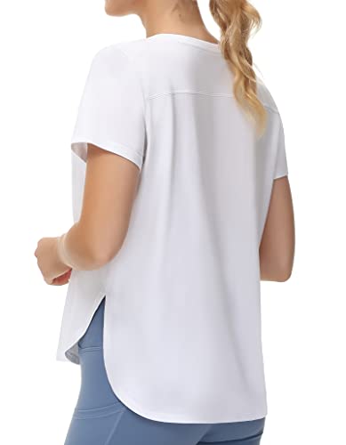 THE GYM PEOPLE Women's Workout T-Shirts Loose Fit Short Sleeve Cotton Running Basic Tee Tops with Split Hem White
