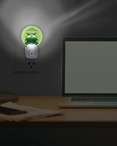 St.Patrick Day Gnomes Truck Night Lights Plug into Wall, Buffalo Plaid Green Shamrocks Auto Round LED Lights with Dusk to Dawn Sensor for Bedroom, Bathroom, Hallway, Kitchen, Kids, Home Decor