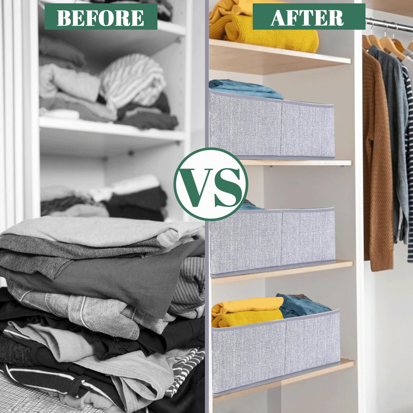 Yowmina Closet Storage Bins, Foldable Trapezoid Storage Bins, Closet Storage Baskets with Handle, Closet Shelf Organizer for Clothes, Toys, Towel, Books, Gray, 3 Pack