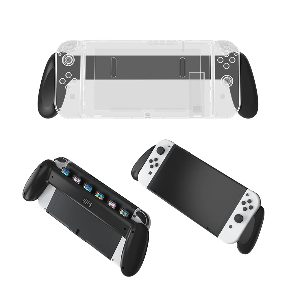JDDWIN Grip Compatible with Switch OLED Model 2021 Ergonomic Handle Grip Stand for Switch OLED Model Console with Game 6 Card Storage Slots (Black)