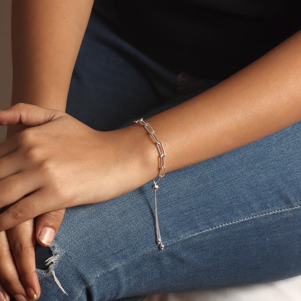 LeCalla 925 Sterling Silver Italian Paperclip Link Chain Sliding Bolo Bracelet for Women