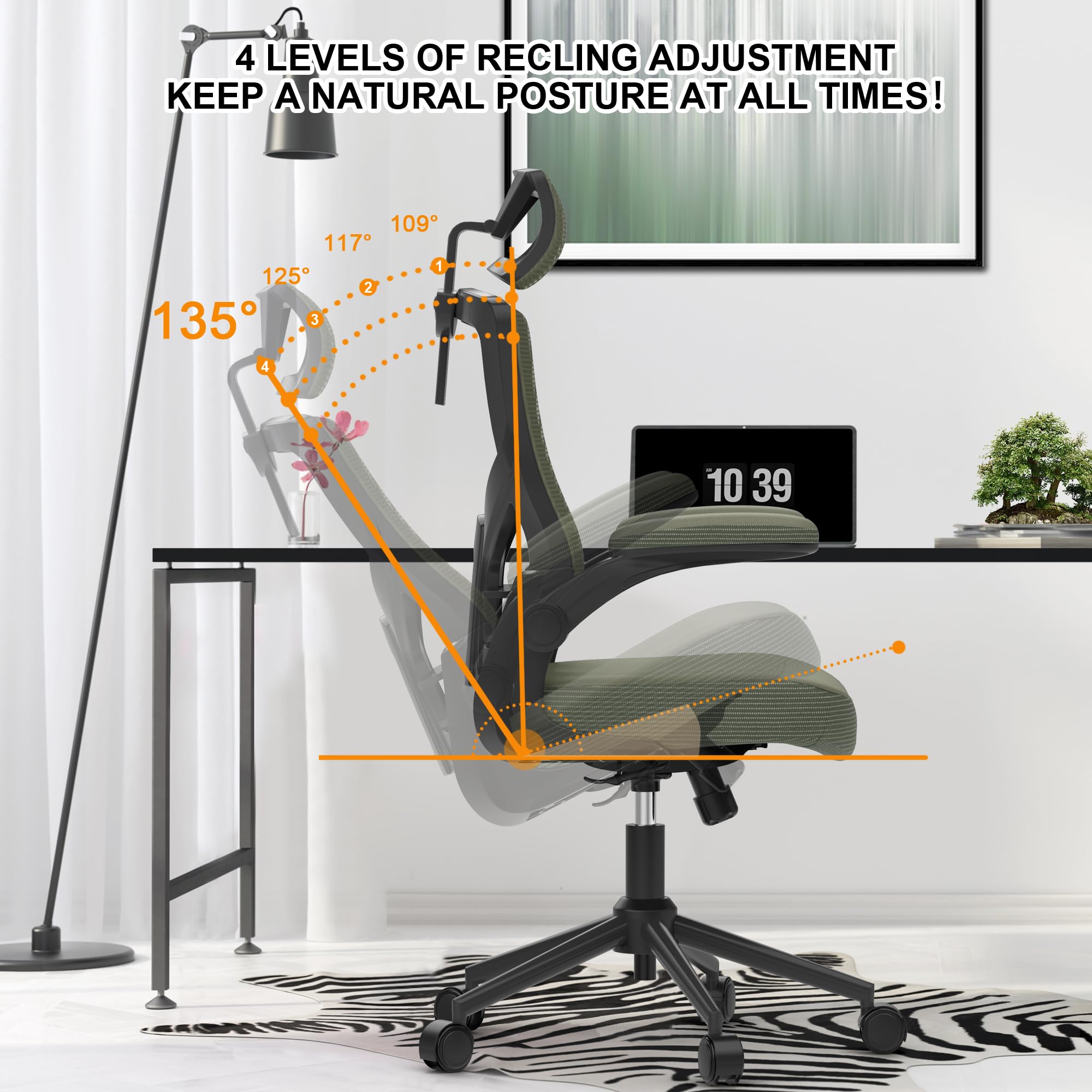 π―πΆπ΄π¬ πΆπππ°πͺπ¬ πͺπ―π¨π°πΉ, Ergonomic Mesh Desk Chair, High Back Computer Chair- Adjustable Headrest with Flip-Up Arms, Lumbar Support, Swivel Executive Task Chair (Hunter Green, Modern)