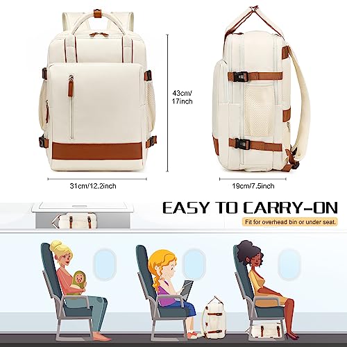 InduSKY Large Travel Backpack for Women, 40L Carry On Backpack Airline Flight Approved with USB Charging Port Shoes Compartment, Personal Luggage Backpack 15.6 Inch Laptop Backpack(Beige+Navy Blue)