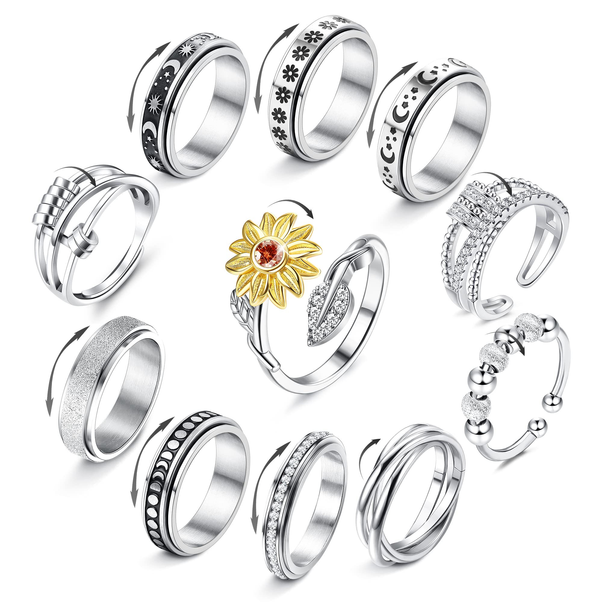 IRONBOX 11Pcs Anxiety Rings Fidget Rings Stainless Steel Spinner Ring Sunflower Ring Fidget Rings for Anxiety for Women