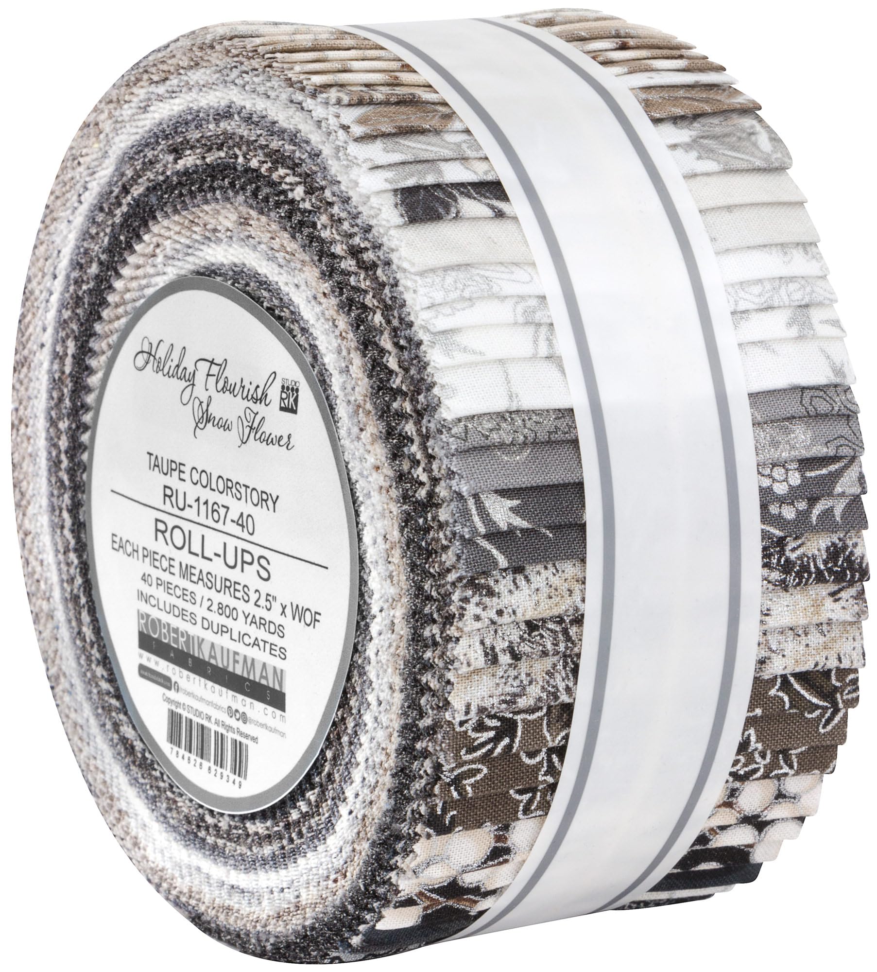 Holiday Flourish Snow Flower Taupe Roll Up 40 2.5-inch Strips Jelly Roll Robert Kaufman RU-1167-40