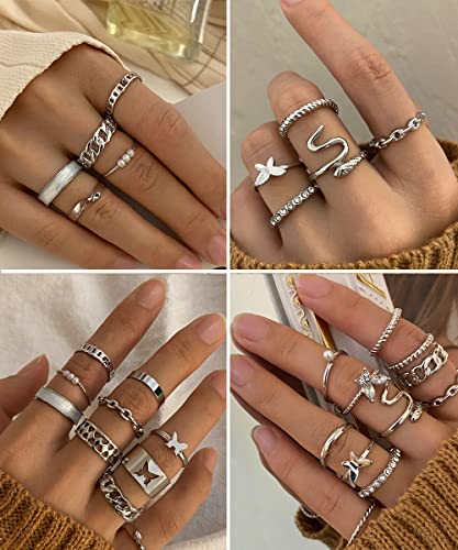 iF YOU 30 Pcs Vintage Knuckle Rings Set, Boho Butterfly Snake Stackable Finger Rings for Women, Silver Midi Rings Pack