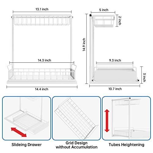 Under Sink Organizers and Storage, Painted Steel Under Cabinet Storage Pull Out Bathroom Organizer with Handles, 2 Tier Under Sink Storage Kitchen Space Rack for Countertop, White