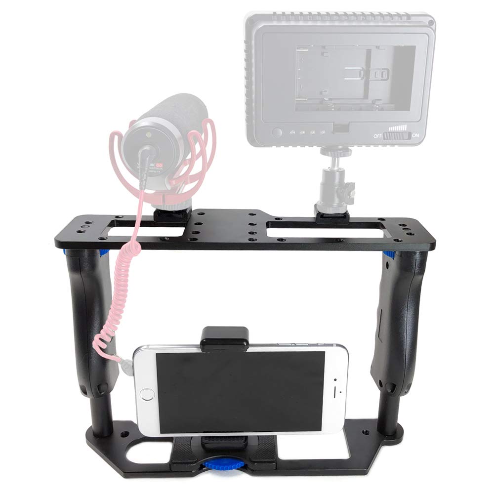 iShot Pro Universal Smartphone Premium Aluminum Video Rig Camera Tripod Mount Holder Stabilizer Handle Cage - Compatible with iPhone Samsung Android Google Sony GoPro Camcorder DSLR LED Mic and More