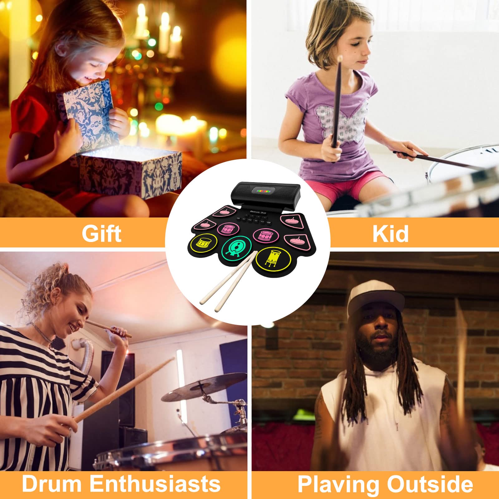 Lamir Electronic Drum set for Kids 9 Drum Pads withRoll Up Drum Kit with Dynamic LED Display and Built-in Speakers MIDI Recording for Festive Birthday Gifts for Kids and Drum Beginners