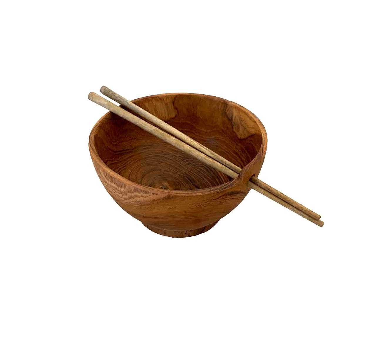 OMA Set Of Two Rice Bowls With Chopsticks Teak Wood Salad Noodle Udon Bowls